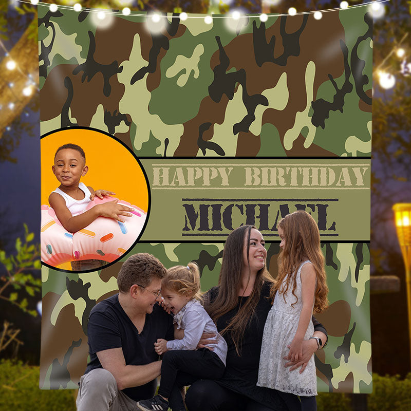 Military Personalized Camo Birthday Party Backdrop - Lofaris