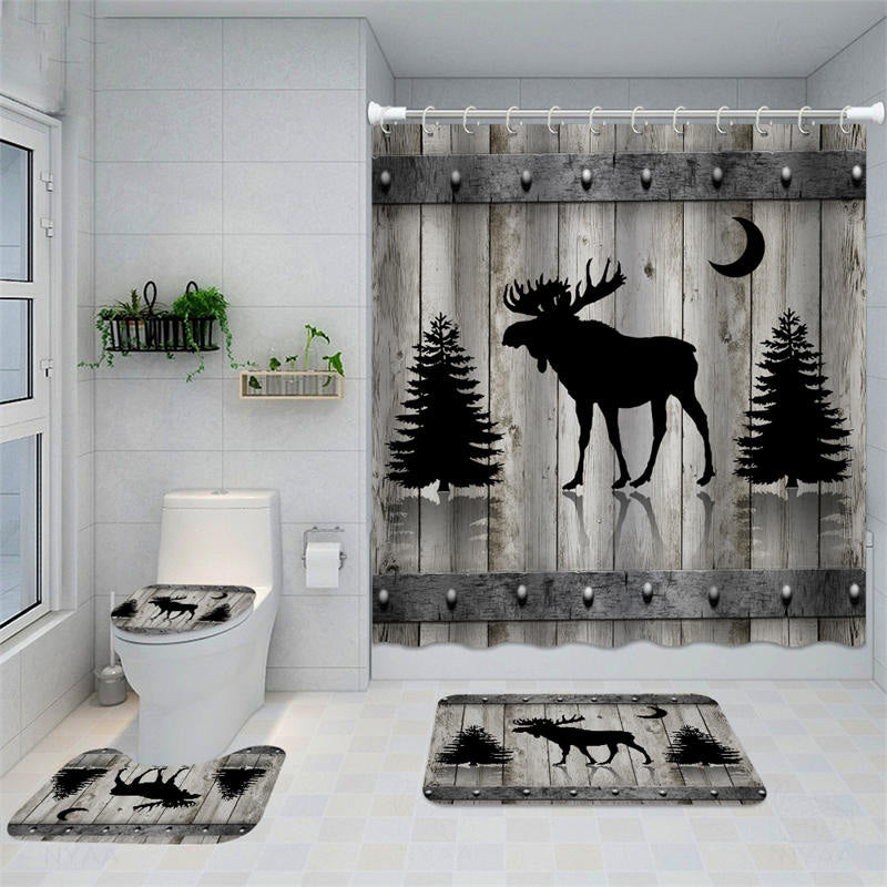 Moon Elk Trees Shadow Plank Bathroom Shower Curtain - Lofaris