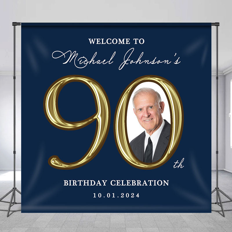 Navy Blue Personalized Photo 90th Birthday Backdrop - Lofaris