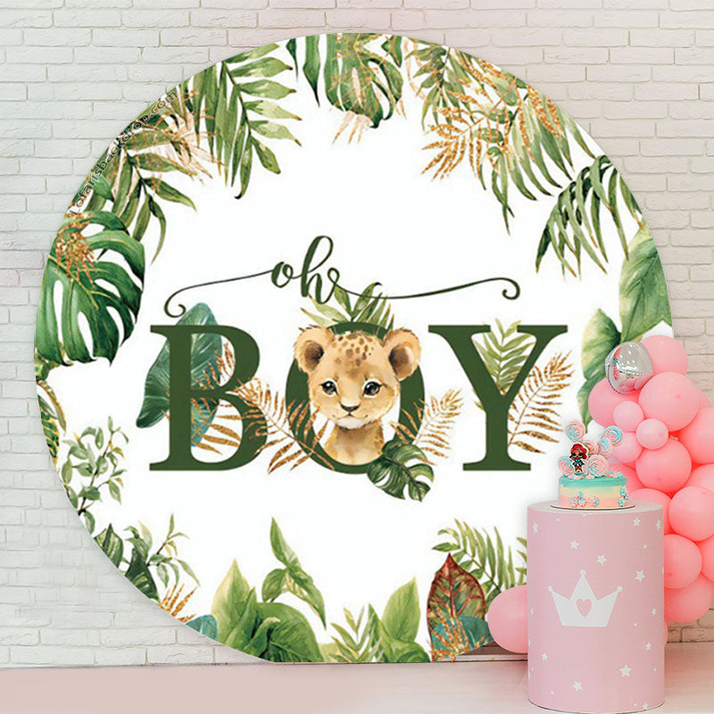 Oh Boy Green Leaves White Round Baby Shower Backdrop – Lofaris