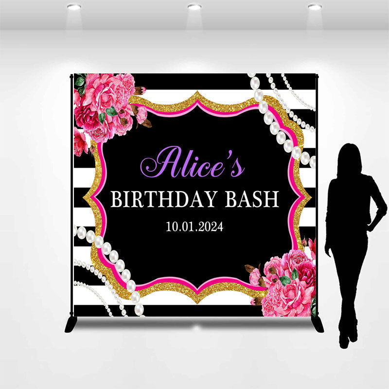 Pearl Flower Black White Custom Birthday Backdrop - Lofaris