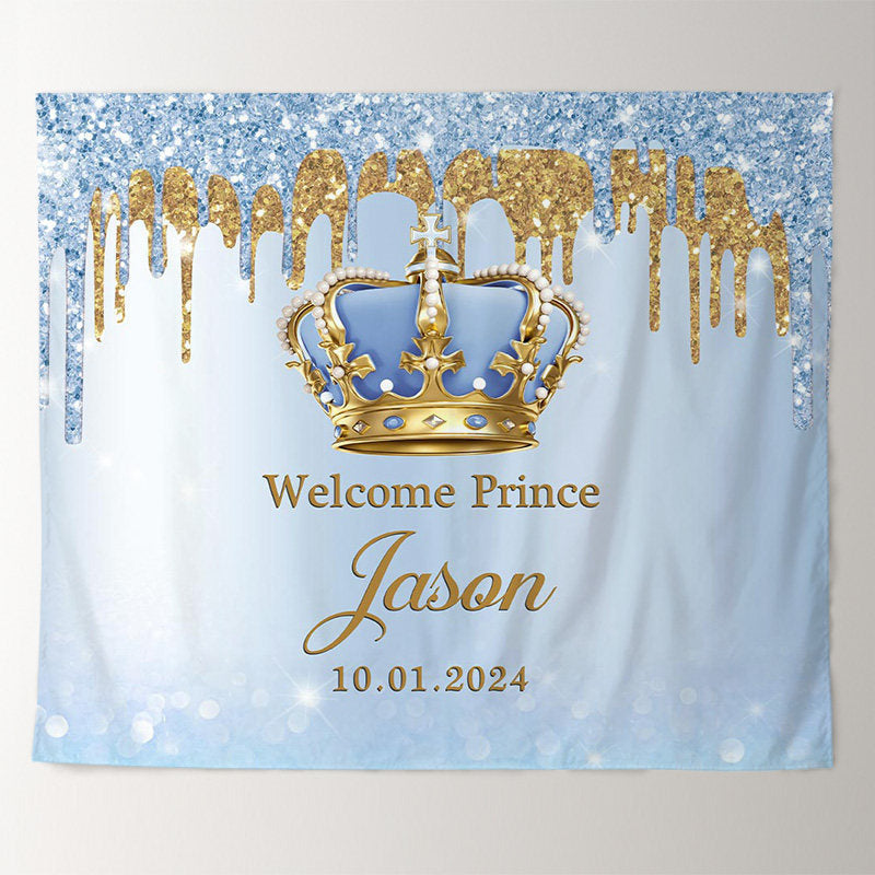 Personalized Blue Glitter Prince Baby Shower Backdrop - Lofaris