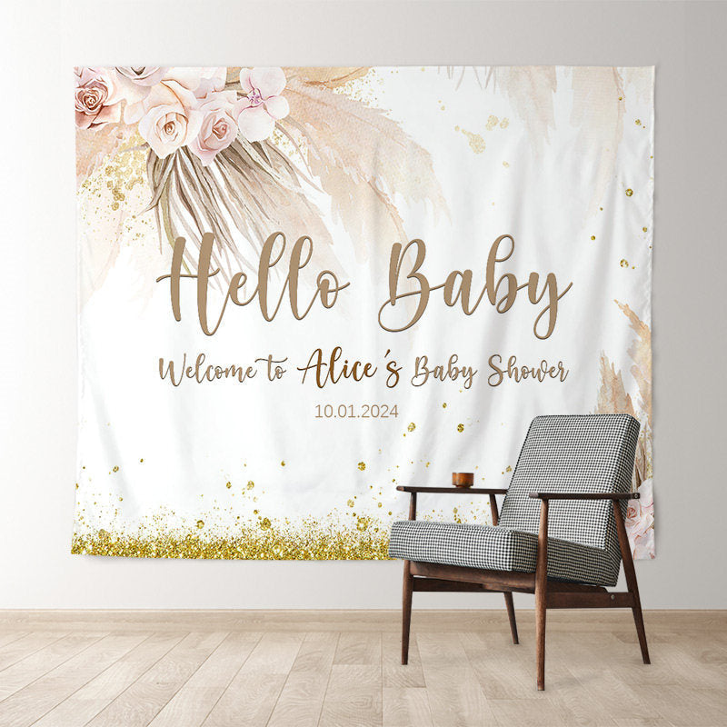 Personalized Boho Floral Hello Baby Shower Backdrop - Lofaris