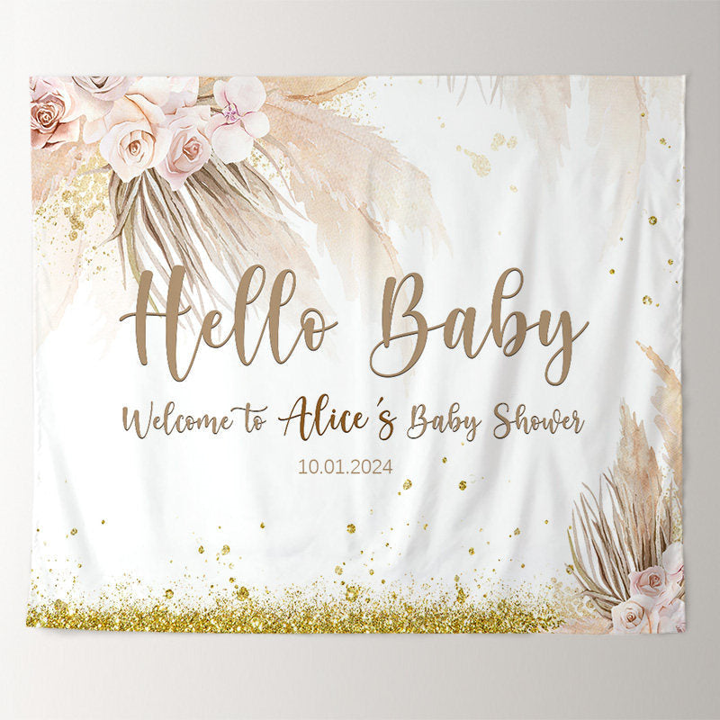 Personalized Boho Floral Hello Baby Shower Backdrop - Lofaris