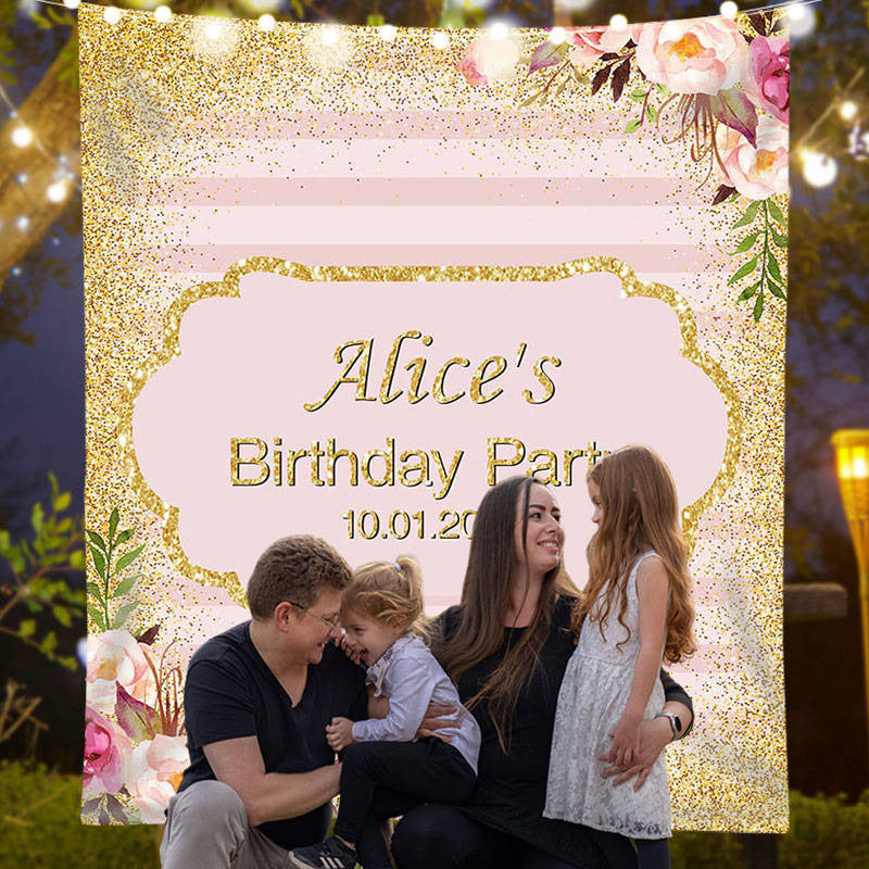 Personalized Gold Glitter Floral Birthday Backdrop - Lofaris