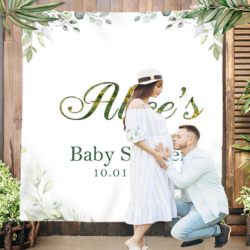 Personalized Greenery Leaves White Baby Shower Backdrop - Lofaris