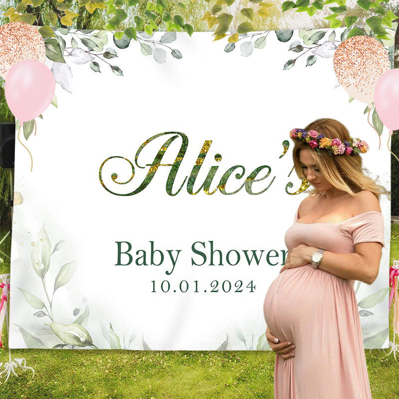 Personalized Greenery Leaves White Baby Shower Backdrop - Lofaris