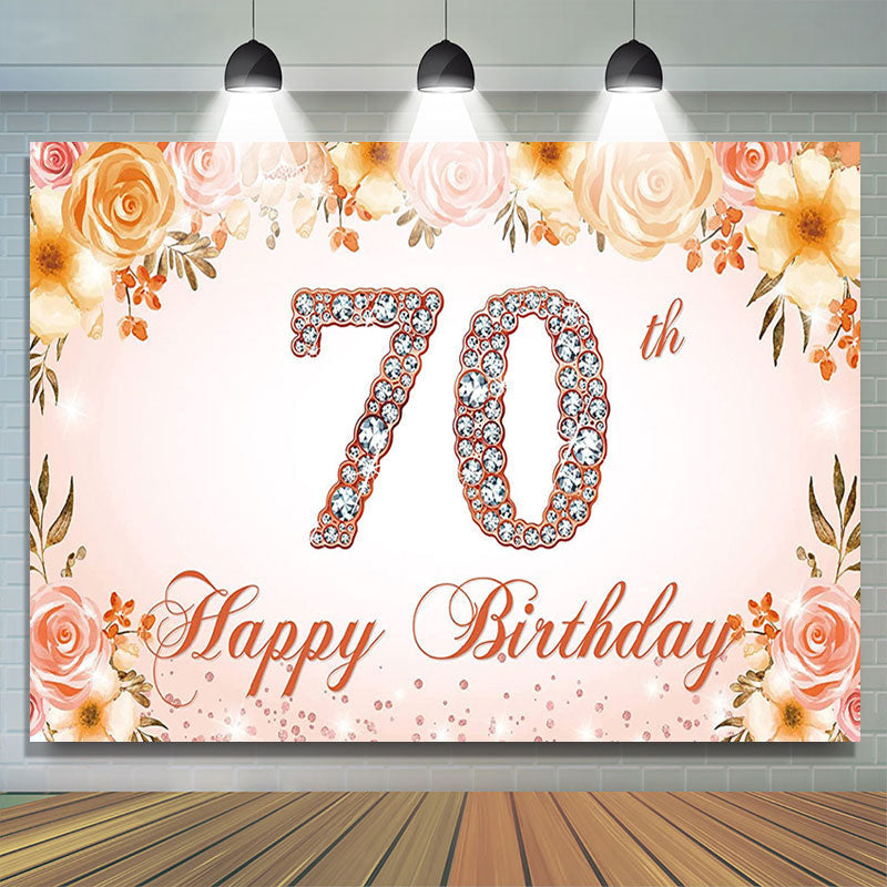 Pink Floral Diamond 70th Happy Birthday Backdrop - Lofaris
