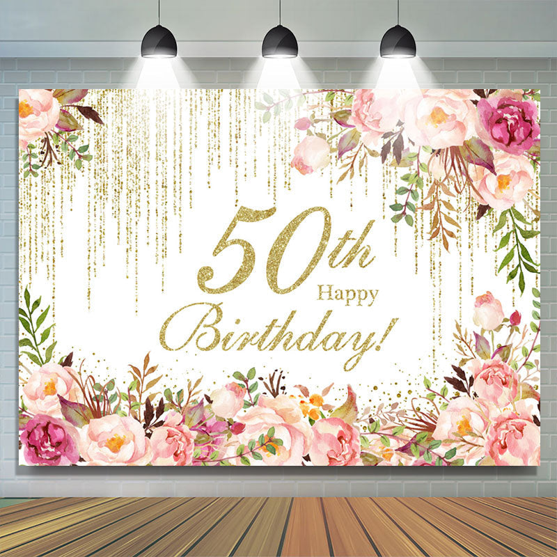Pink Floral Sparkling 50th Happy Birthday Backdrop - Lofaris