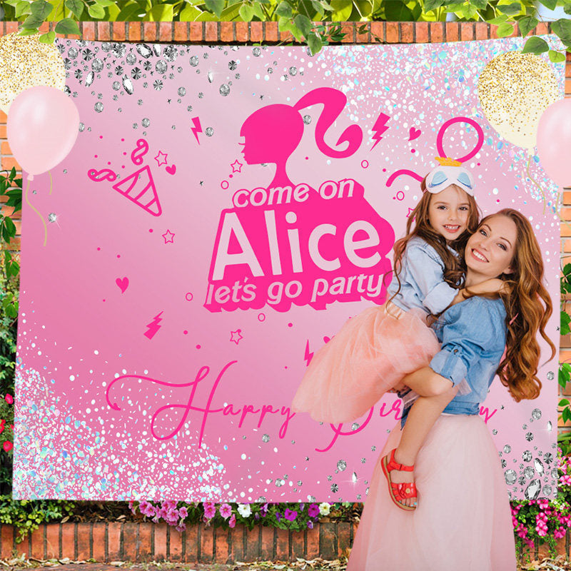 Pink Glitter Lets Go Party Custom Birthday Backdrop - Lofaris