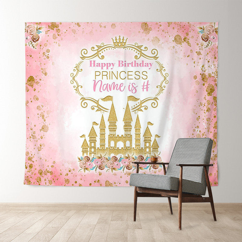 Pink Gold Castle Custom Birthday Princess Backdrop - Lofaris