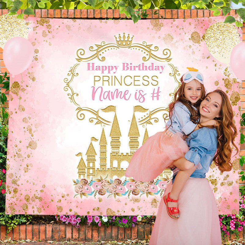 Pink Gold Castle Custom Birthday Princess Backdrop - Lofaris