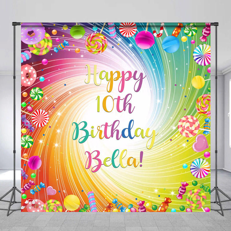 Rainbow Candy Personalized 10th Birthday Backdrop - Lofaris