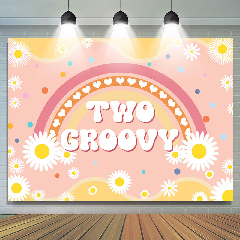 Rainbow Daisy Flower Two Groovy Birthday Backdrop - Lofaris