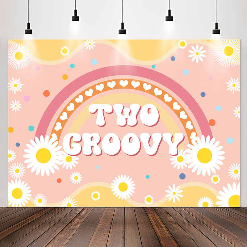 Rainbow Daisy Flower Two Groovy Birthday Backdrop - Lofaris