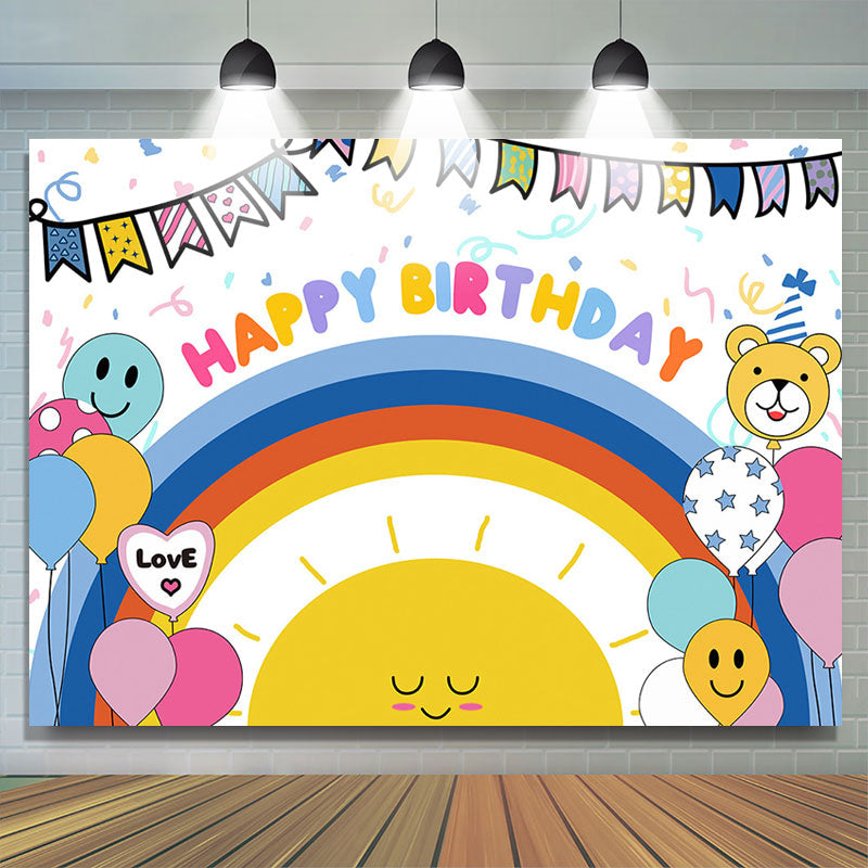 Rainbow Sun Cartoon Balloon Kids Birthday Backdrop - Lofaris