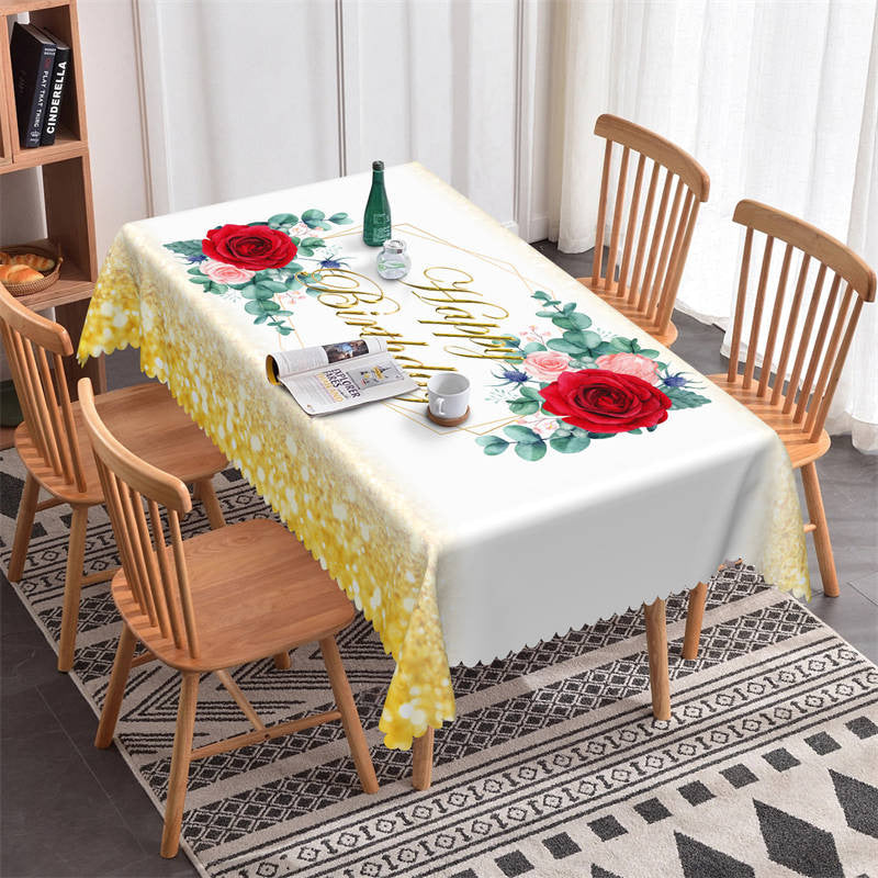 Red And Pink Rose Glitter Happy Birthday Tablecloth - Lofaris