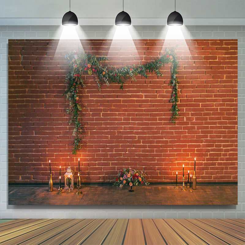Red Brick Wall Candle Flower Leaf Wedding Backdrop - Lofaris