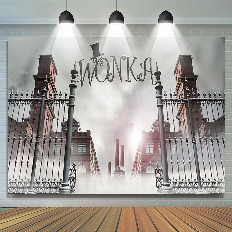 Red Building Chocolate River Factory Party Backdrop - Lofaris