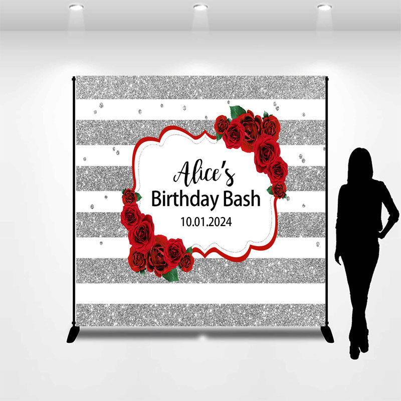 Red Rose Silver Glitter Custom Birthday Backdrop - Lofaris