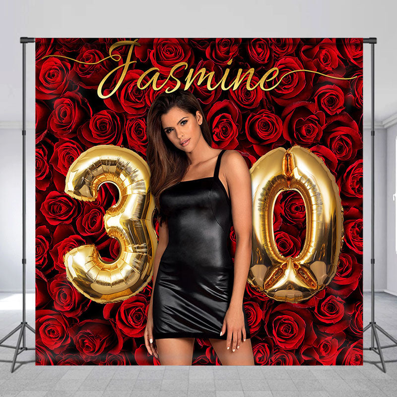 Red Roses Gold Balloon Custom 30th Birthday Backdrop - Lofaris
