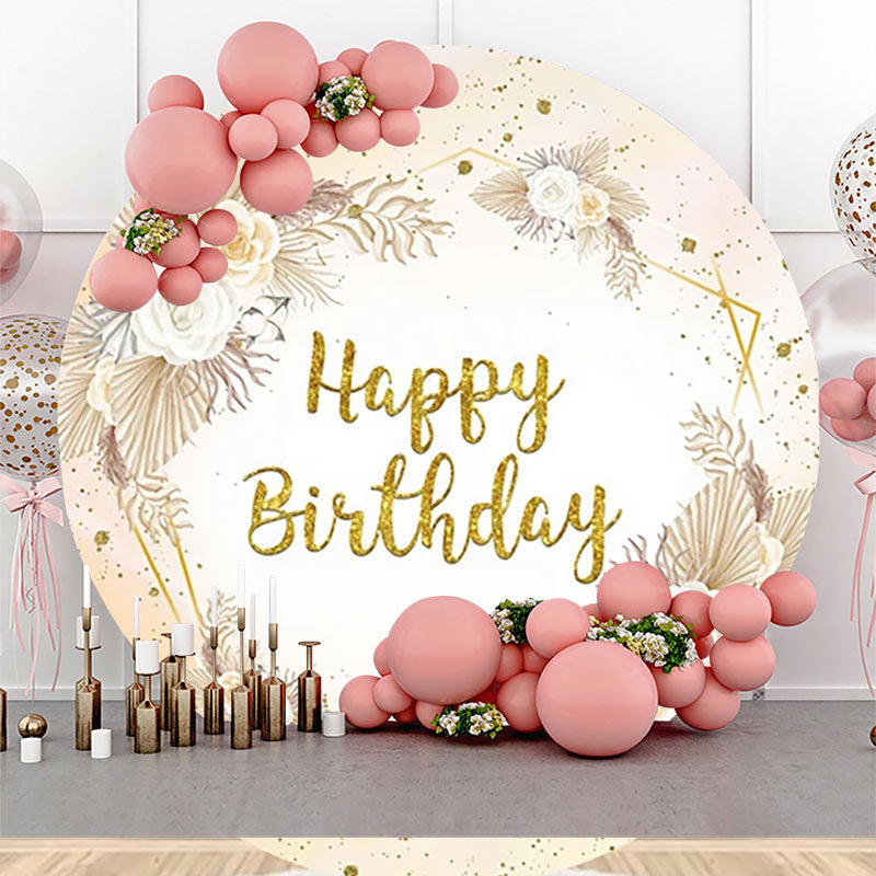 Round Boho Glitter Floral Happy Birthday Backdrop - Lofaris