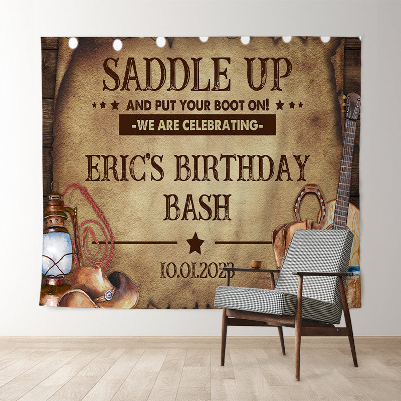 Saddle Up Cowboy Wood Custom Birthday Bash Backdrop - Lofaris