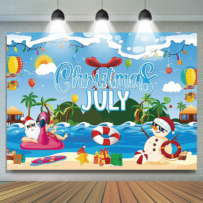 Santa Snowman Pool Party Christmas In July Backdrop - Lofaris