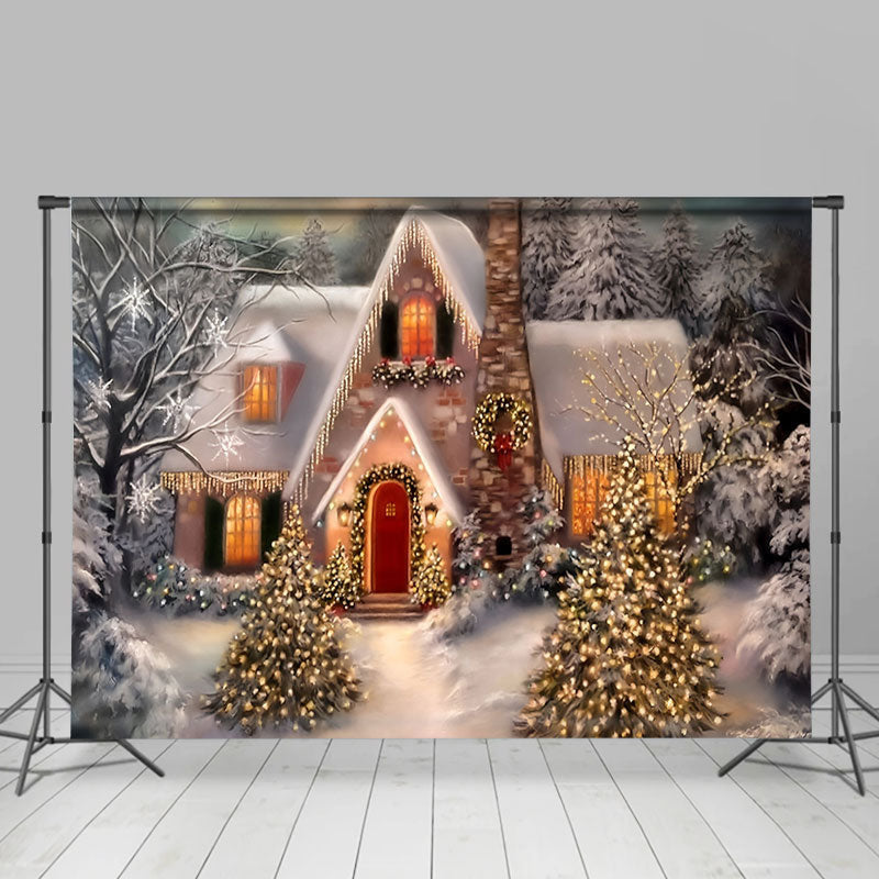 Snow Pine Forest Christmas Tree Light Home Backdrop - Lofaris