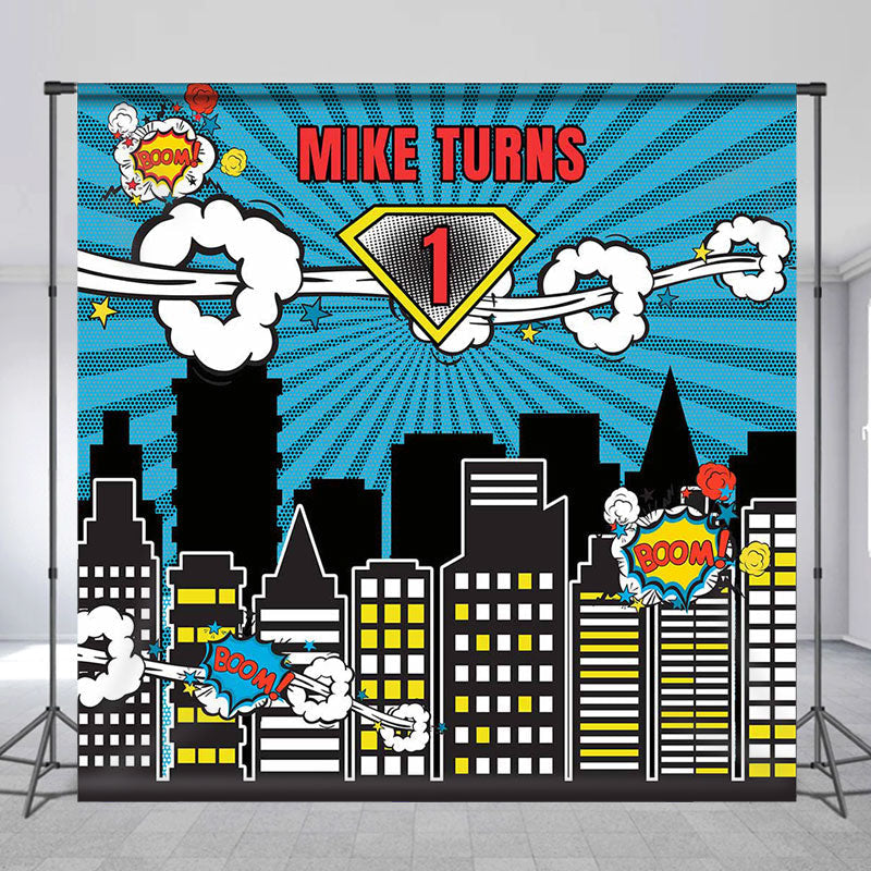 Superhero Building Custom 1st Birthday Backdrop - Lofaris