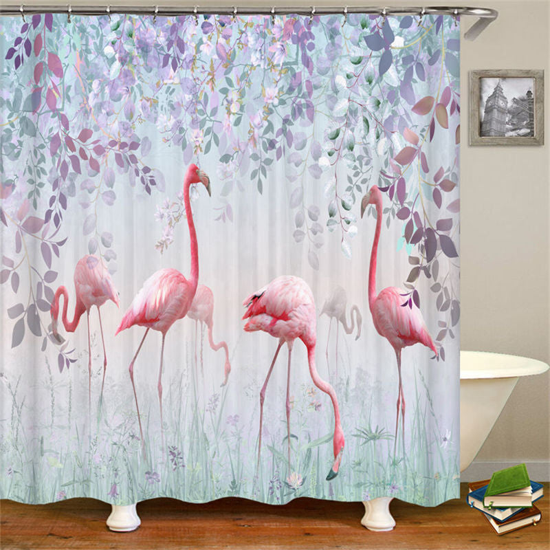 Tropical Eucalyptus Leaves Inch Flamingo Bath Curtain - Lofaris