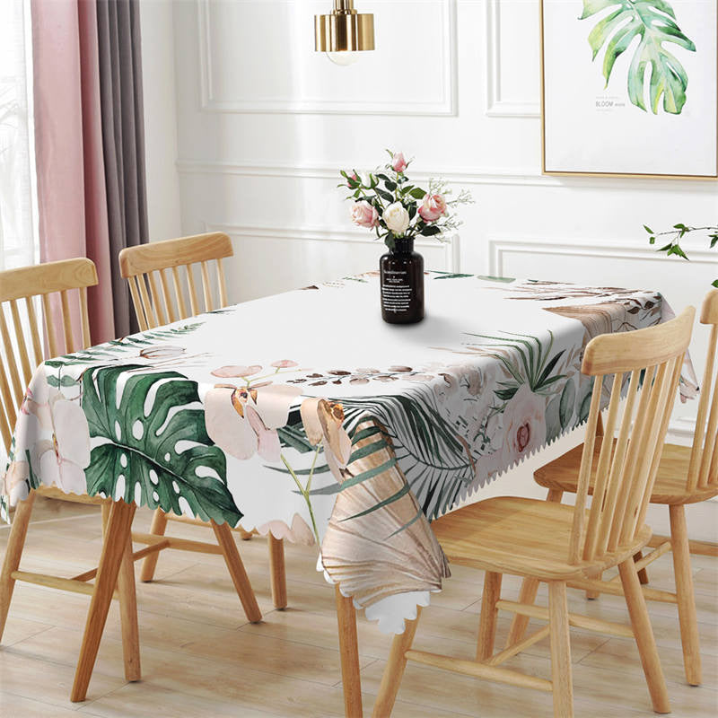 Tropical Leaves Floral White Kitchen Decor Tablecloth - Lofaris