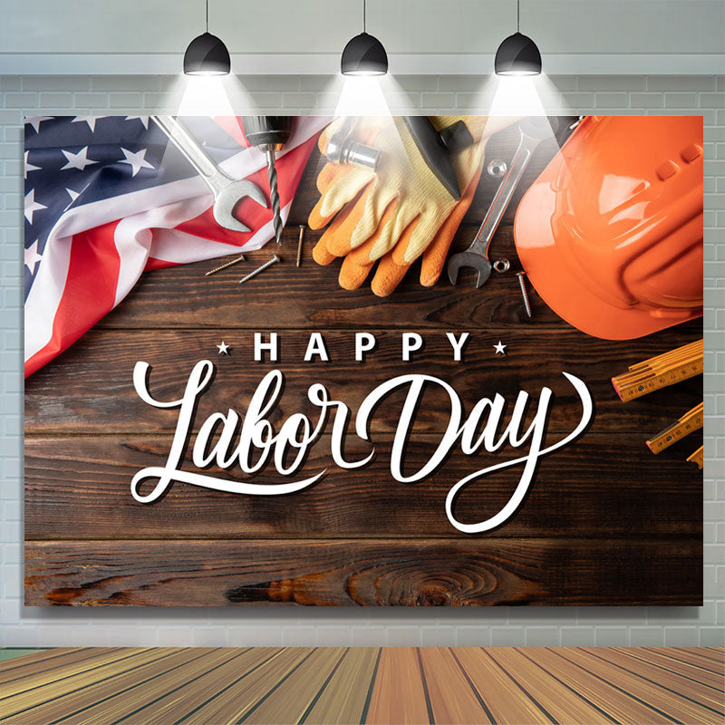 US Flag Glove Tools Wooden Happy Labor Day Backdrop - Lofaris