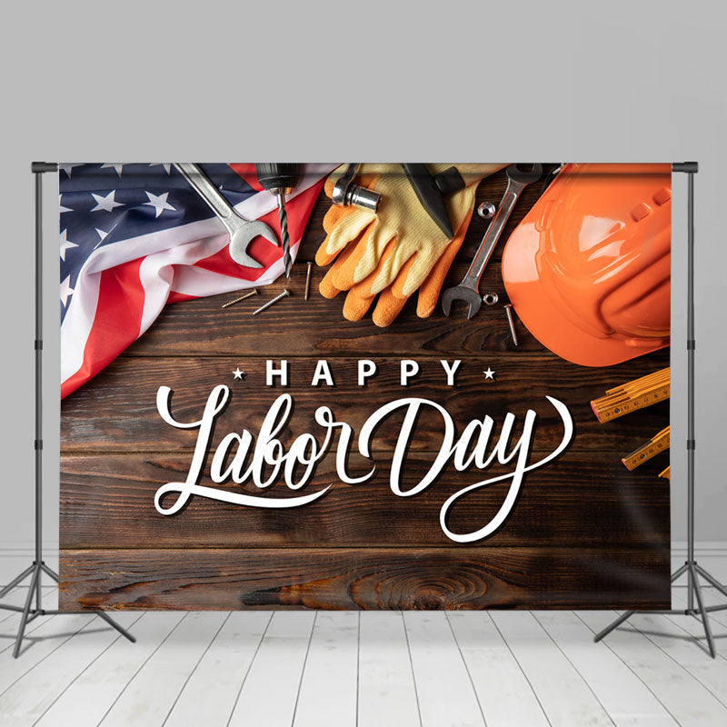 US Flag Glove Tools Wooden Happy Labor Day Backdrop - Lofaris