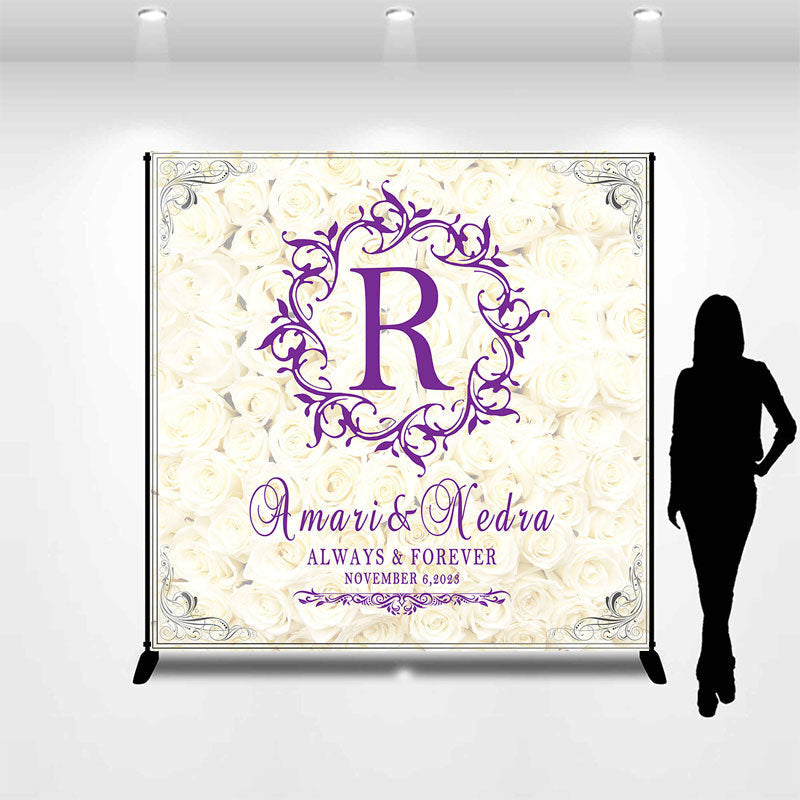 White Floral Bokeh Purple Text Custom Wedding Backdrop - Lofaris