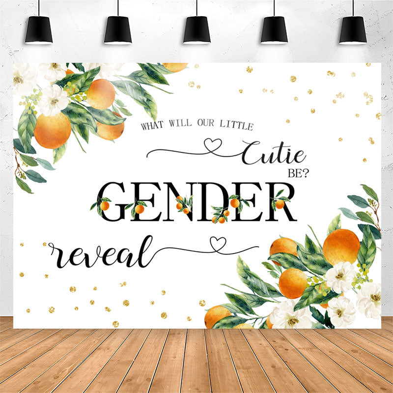 White Floral Oranges Sparkle Boho Gender Reveal Backdrop - Lofaris