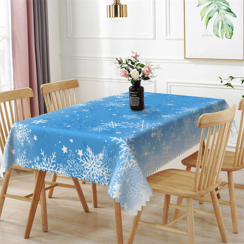 White Snowflake Blue Christmas Party Tablecloth - Lofaris