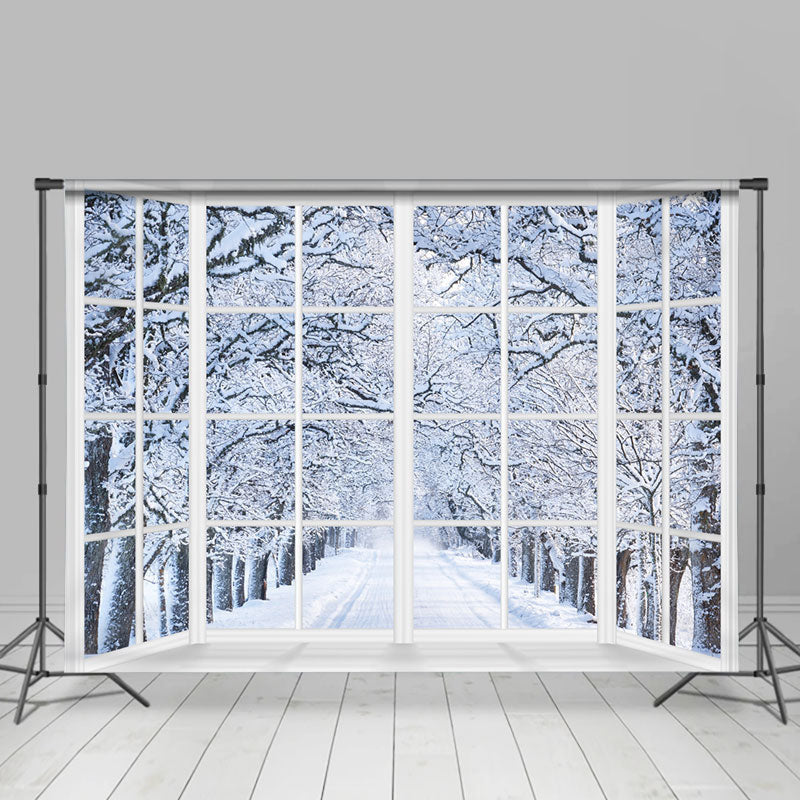 White Window Winter Snowy Forest Trees Backdrop - Lofaris