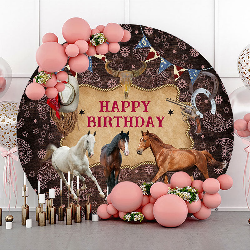 Wild Horse West Cowboy Happy Birthday Round Backdrop – Lofaris