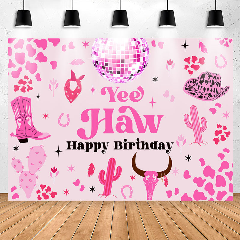 Yee Haw Pink Cactus Spots Cowgirl Birthday Backdrop - Lofaris