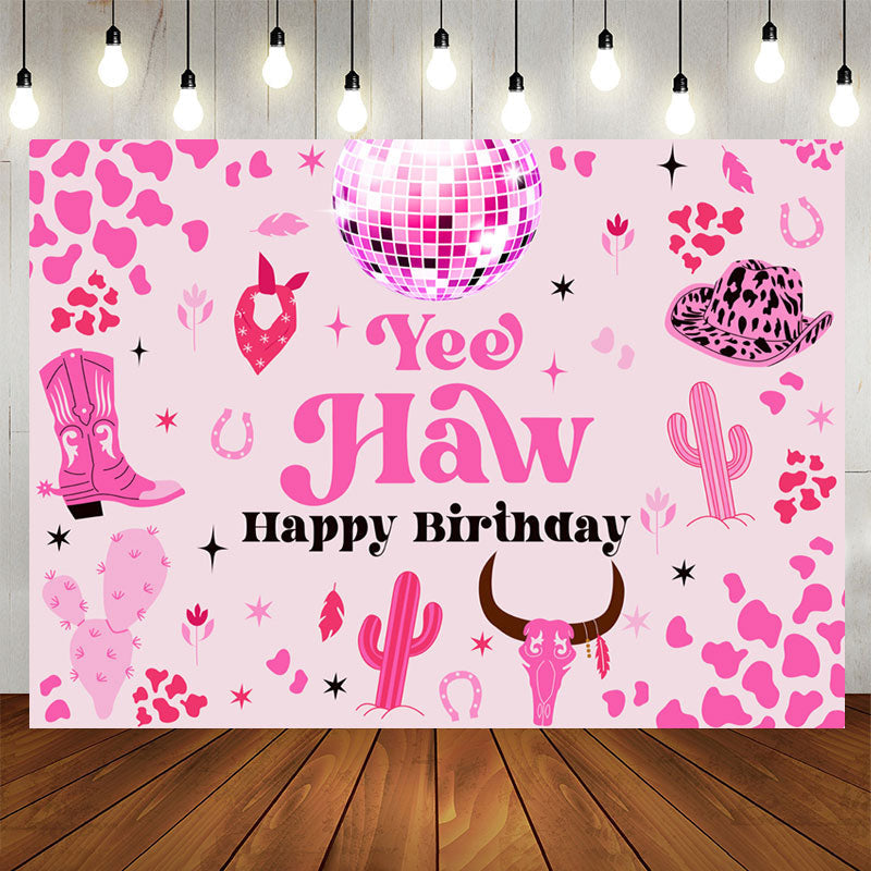 Yee Haw Pink Cactus Spots Cowgirl Birthday Backdrop - Lofaris
