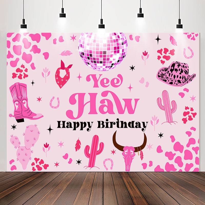 Yee Haw Pink Cactus Spots Cowgirl Birthday Backdrop - Lofaris