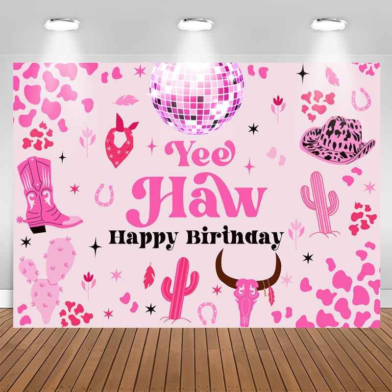 Yee Haw Pink Cactus Spots Cowgirl Birthday Backdrop - Lofaris