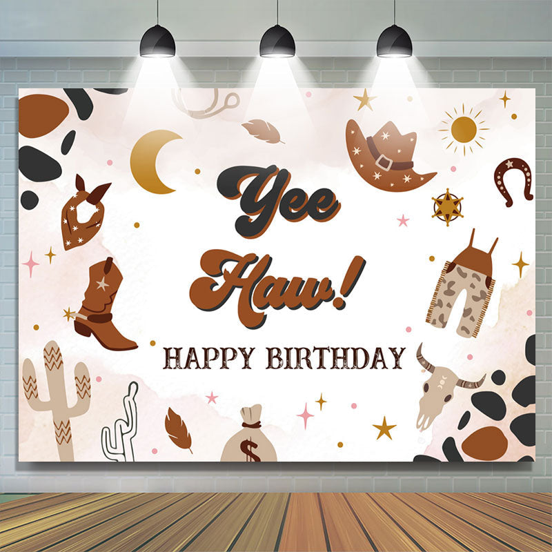 Yee Haw Western Cowboy Brown Happy Birthday Backdrop - Lofaris