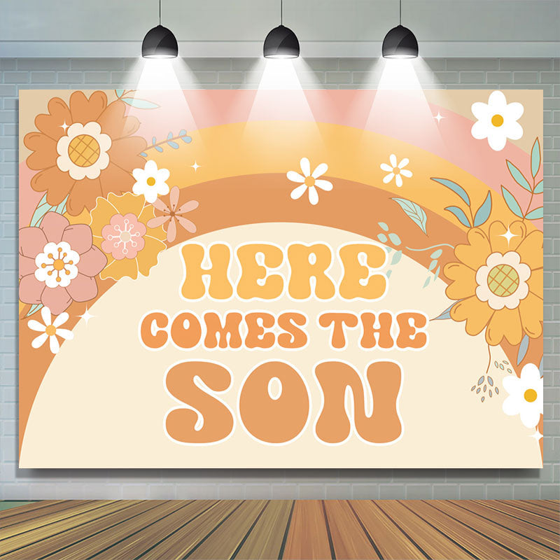 Yellow Here Comes The Son Floral Baby Shower Backdrop - Lofaris
