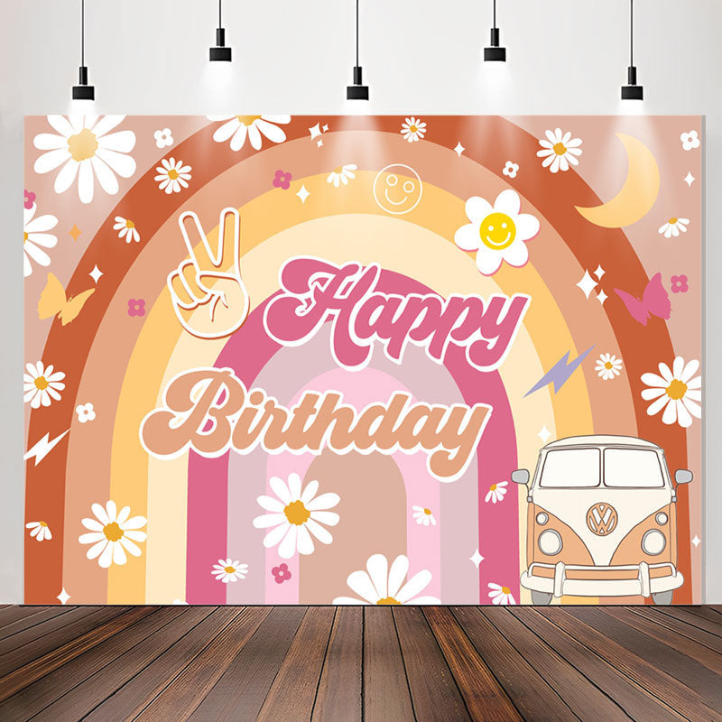 Yellow Rainbow Daisy Truck Groovy Birthday Backdrop - Lofaris