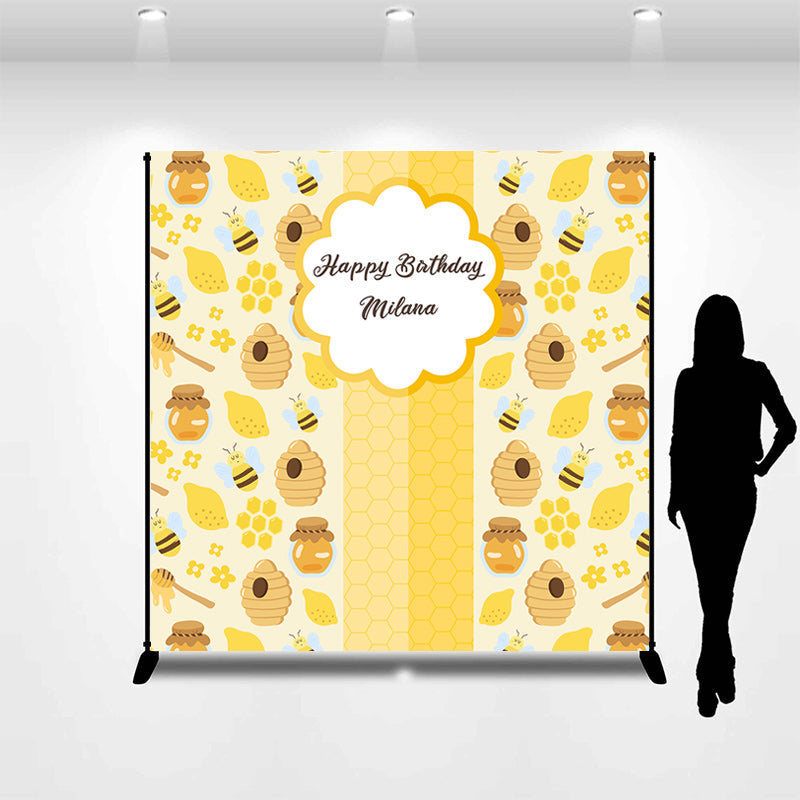 Personalized Cute Honey Bees Yellow Birthday Backdrop - Lofaris