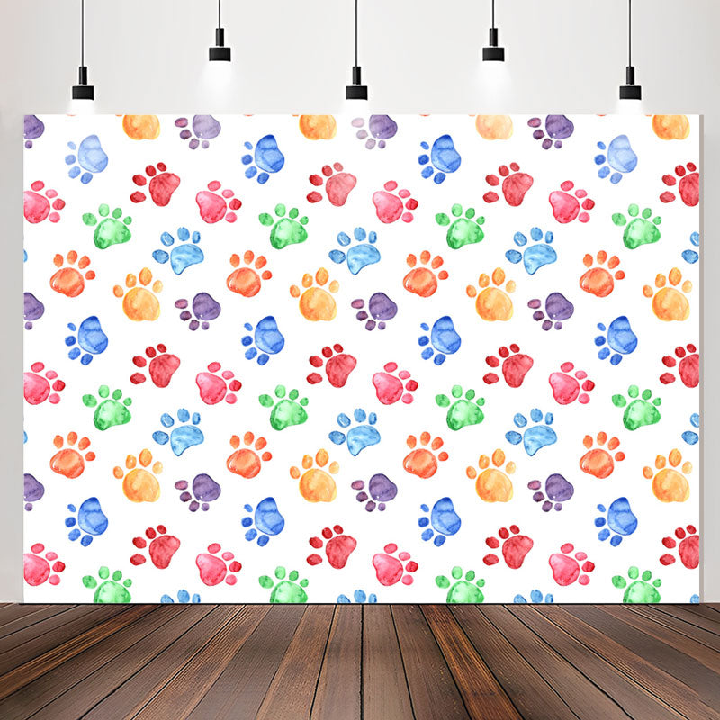 Colorful Dog Paws Prints Pets Birthday Backdrop - Lofaris