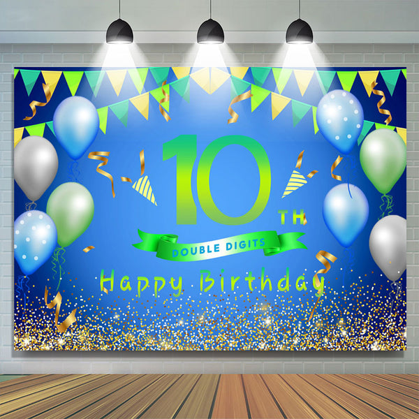 Balloons And Flag Green Happy 10th Birthday Backdrop