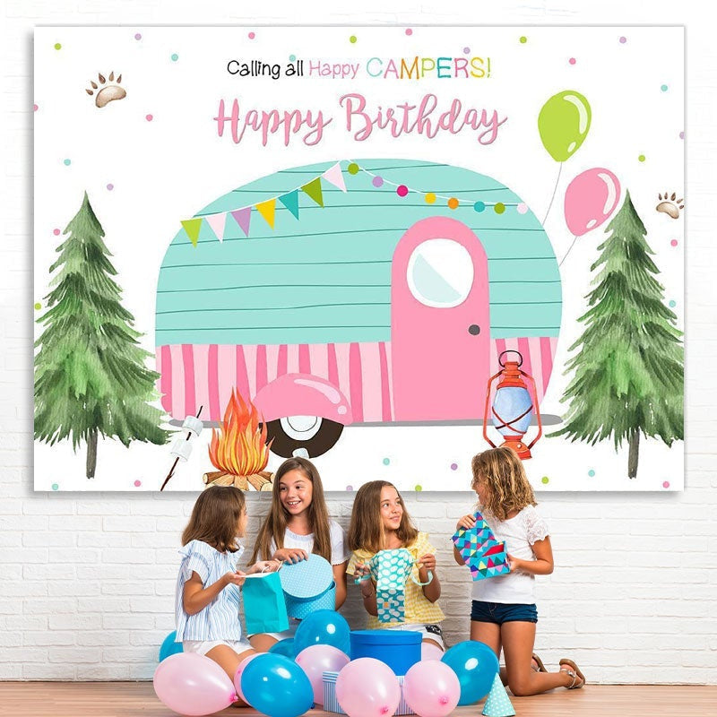 Calling All Happy Campers Camping Birthday Backdrop Lofaris